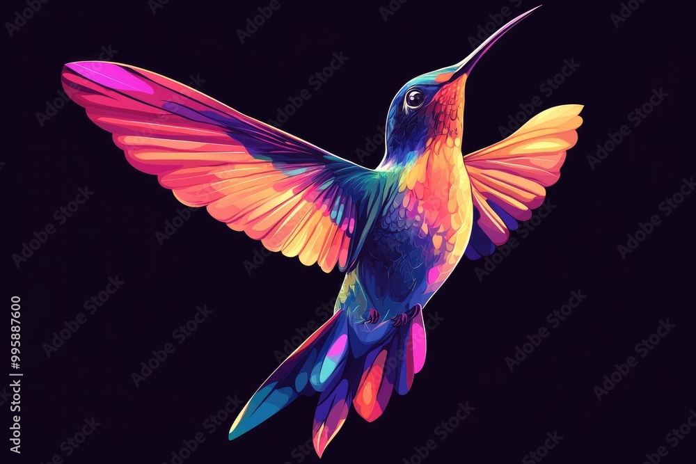 Vivid hummingbird against a dark backdrop in a 2D cartoon style ...