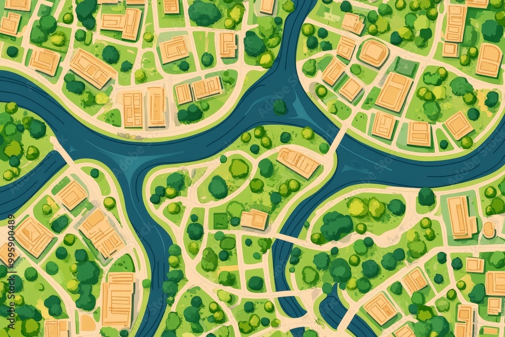 City navigation map. Flat plan of streets parks and river with top view ...