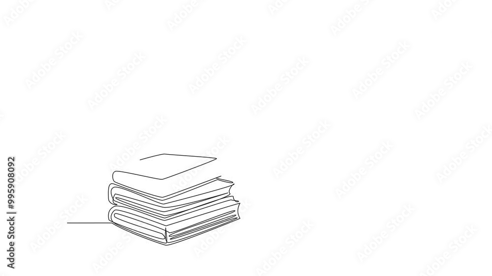 Animation of continuous one line drawing a stack of books with a paper ...
