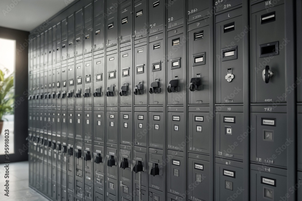Front view of rows of numbered grey mailbox with keys in modern design build. Storing personal ...