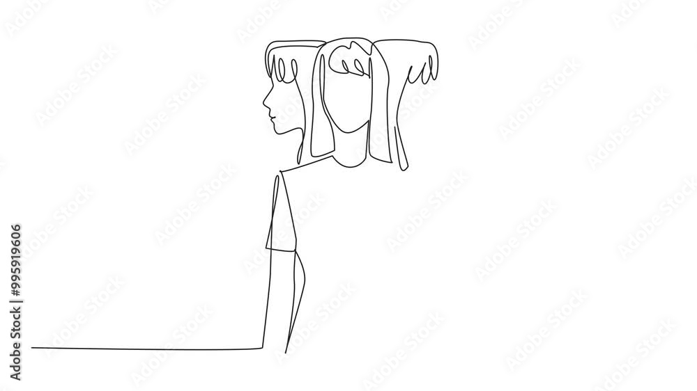 Animation of continuous line drawing a woman facing forward with two ...