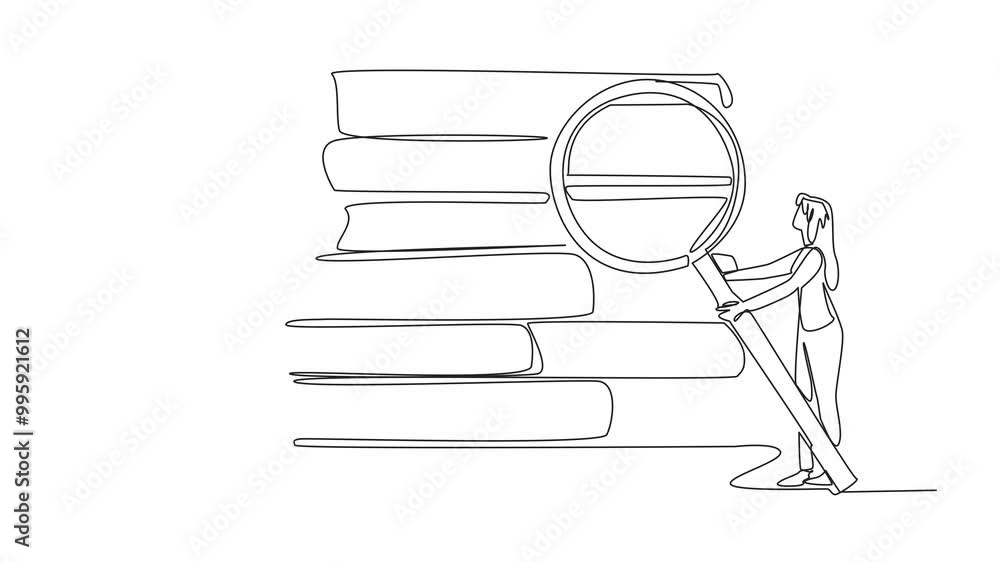 Animation of continuous line drawing woman holds large magnifying glass ...