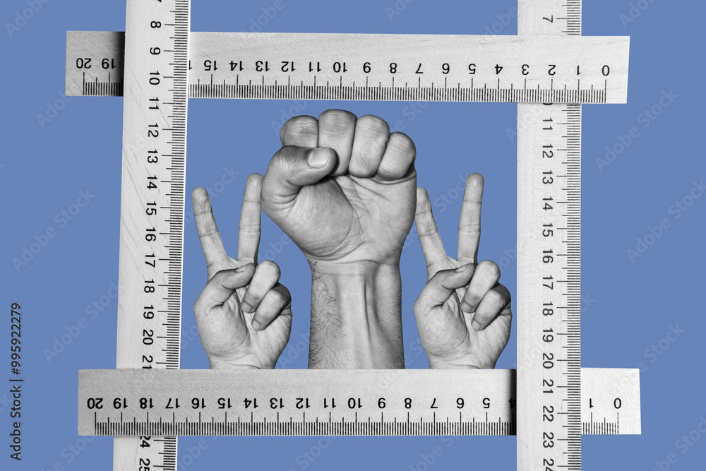 Collage with a male hand showing victory sign and hand with fist in ...