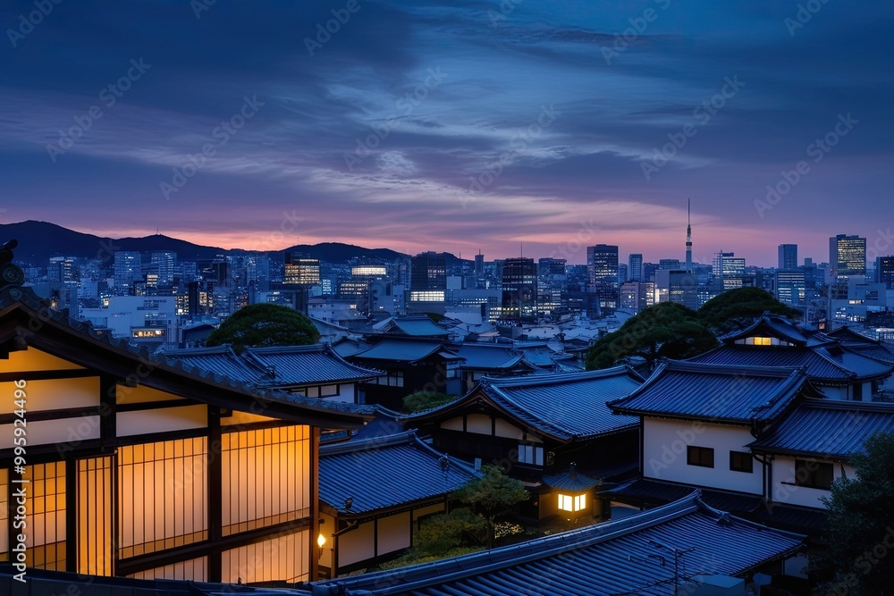 Tranquil Kyoto City Dusk Landscape with Traditional Homes and Manga ...
