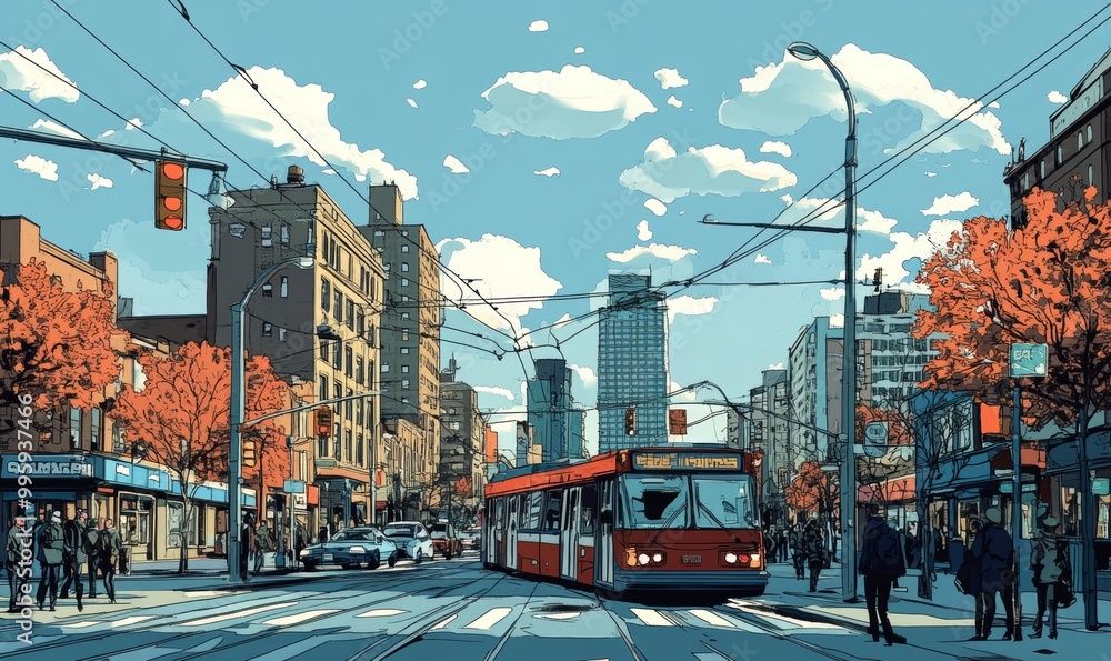 An illustration of a bustling city street in a comic book style ...