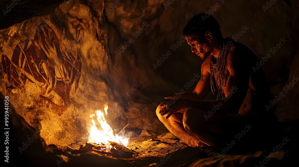 5. A primal cave dweller illuminated by firelight, surrounded by ...