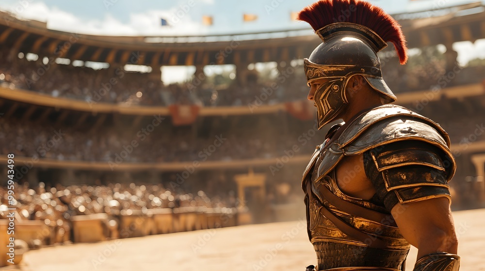 7. An ancient gladiator in full armor, ready to fight in a grand arena ...