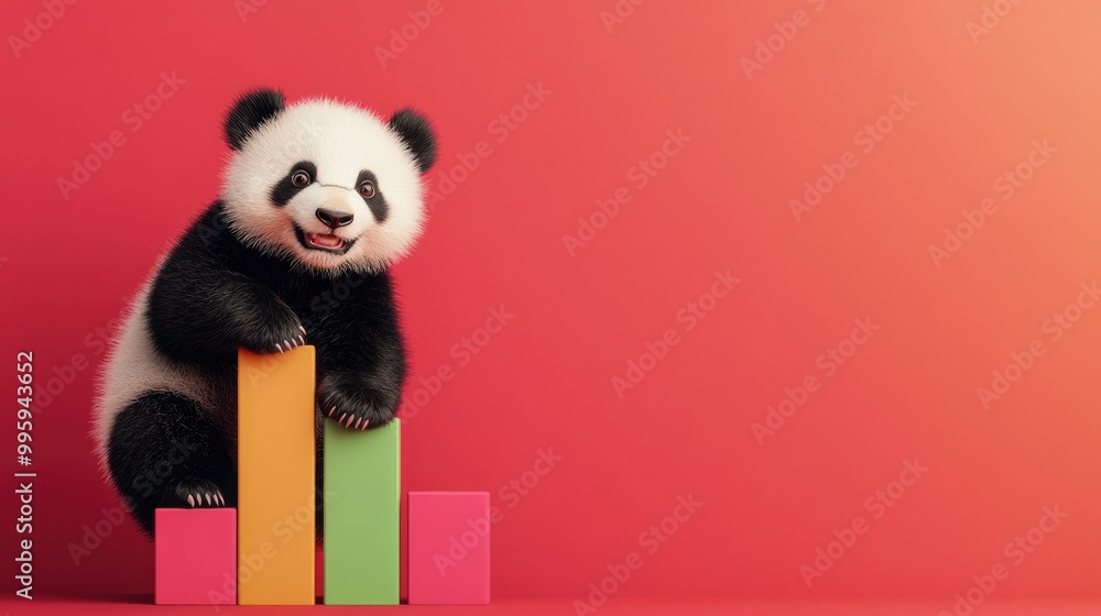 Data analysis concept with a panda climbing bar graphs, illustrating ...