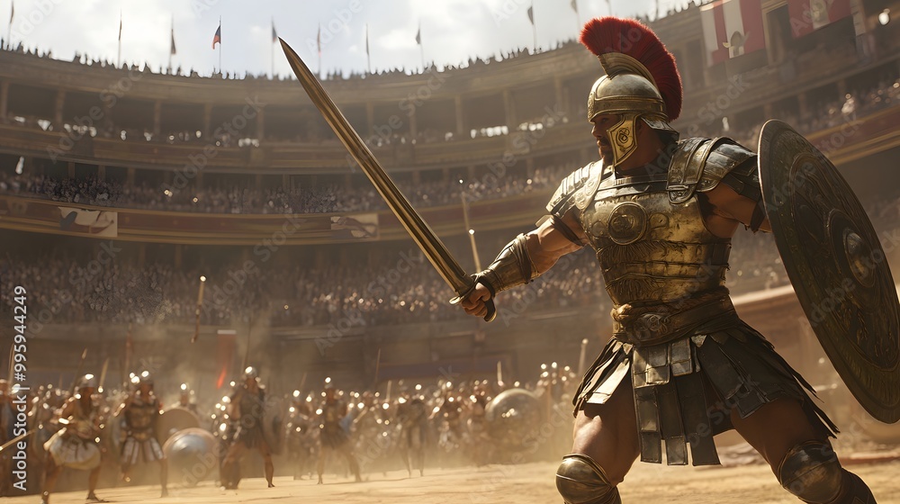 7. An ancient gladiator in full armor, ready to fight in a grand arena ...