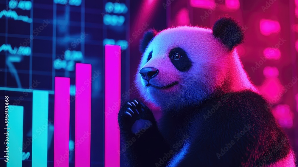 Panda bear interacting with vibrant bar charts, visualizing data ...