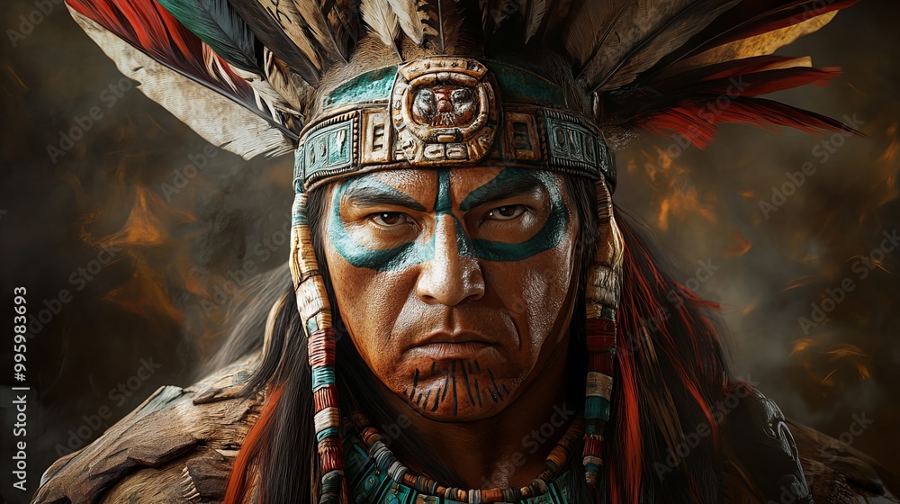 Portrait of a Native American leader with traditional attire and tribal ...