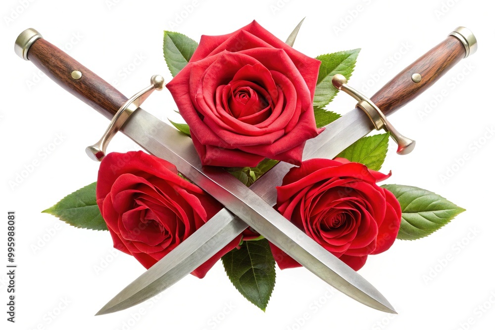 Red roses and crossed swords on a transparent background reveal the ...