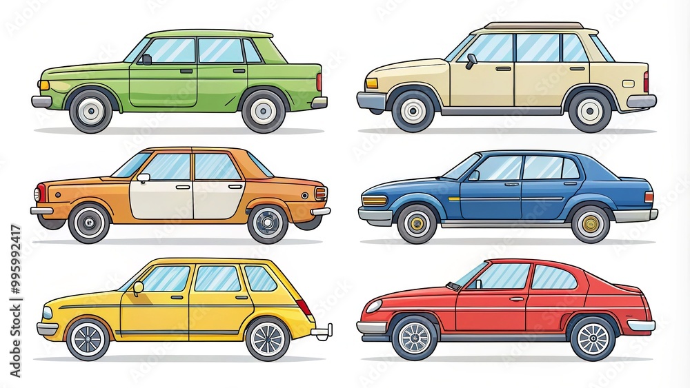 Simple hand-drawn illustrations of various car models on a white ...