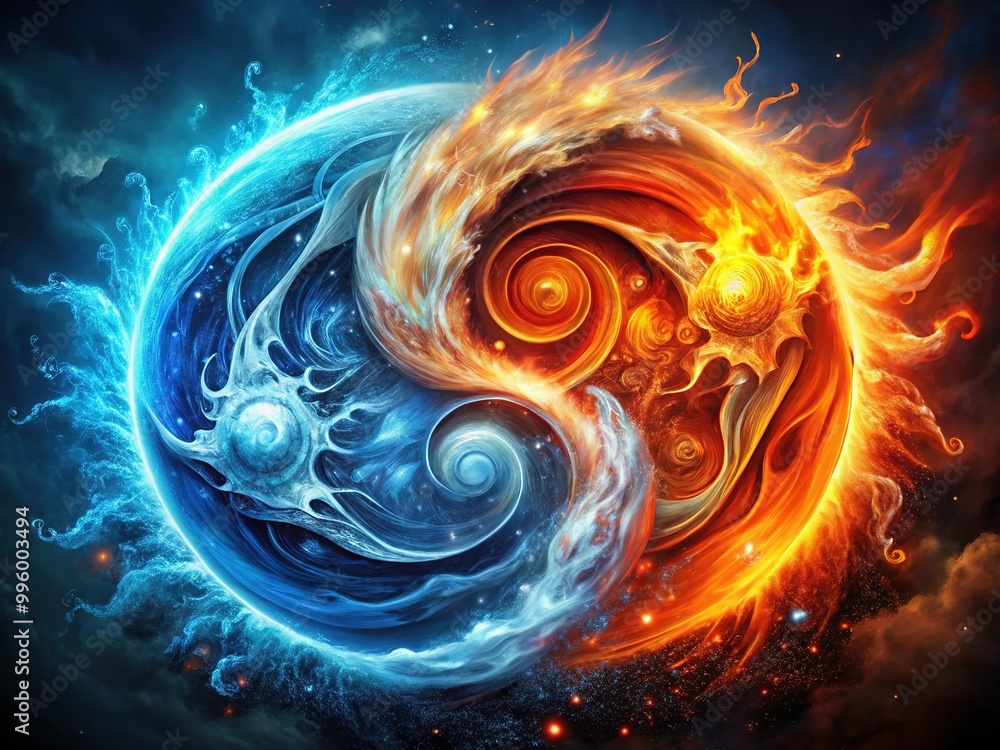 Vibrant elemental symbols of Air, Fire, and Water, stylized in bold ...