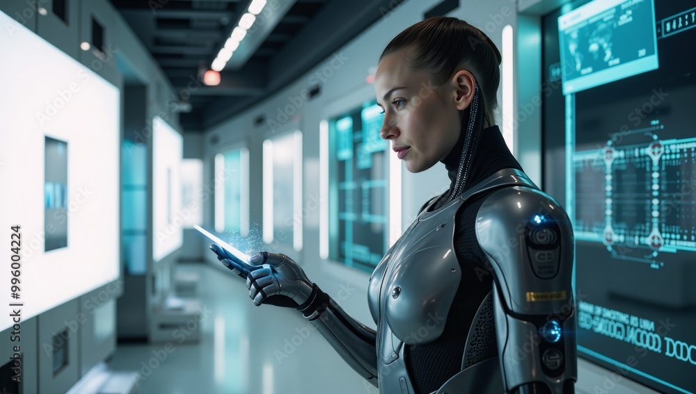 Futuristic sci-fi image Cyber Supercomputer and a Humanoid Cyborg in ...