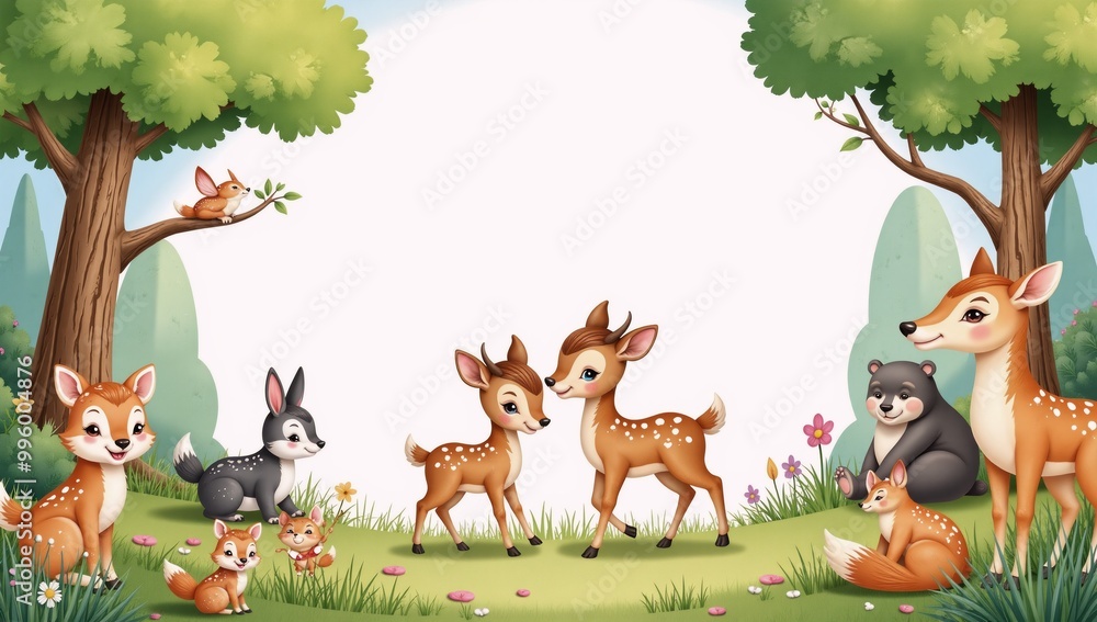 Woodland Cartoon Animals Watercolor Illustration Template A pre-made ...