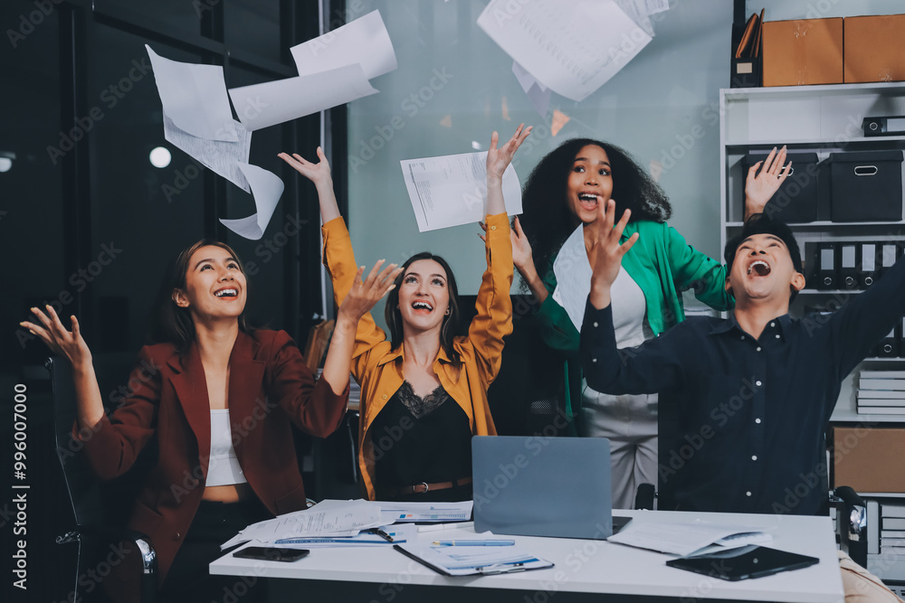 Motivated funny diverse business team people dancing celebrating ...