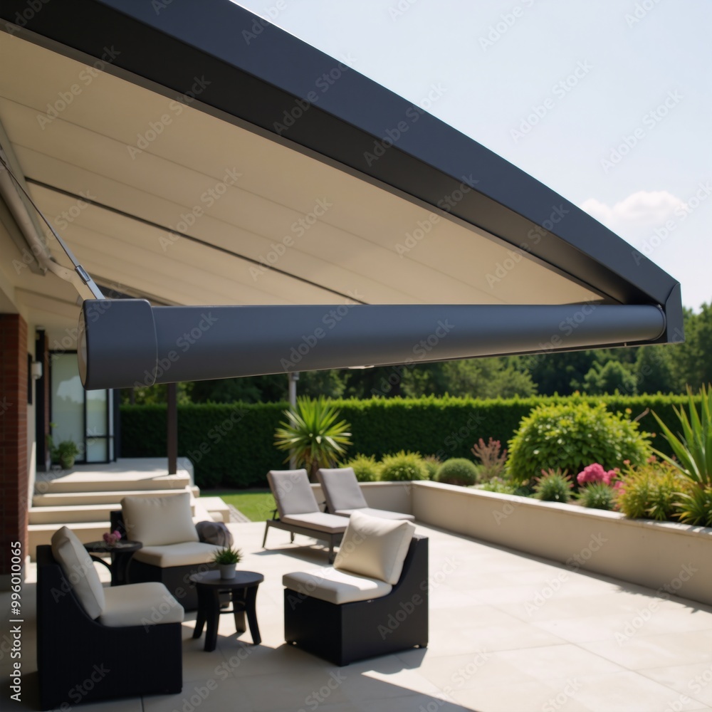 Modern retractable awning offers shaded comfort to an outdoor patio ...