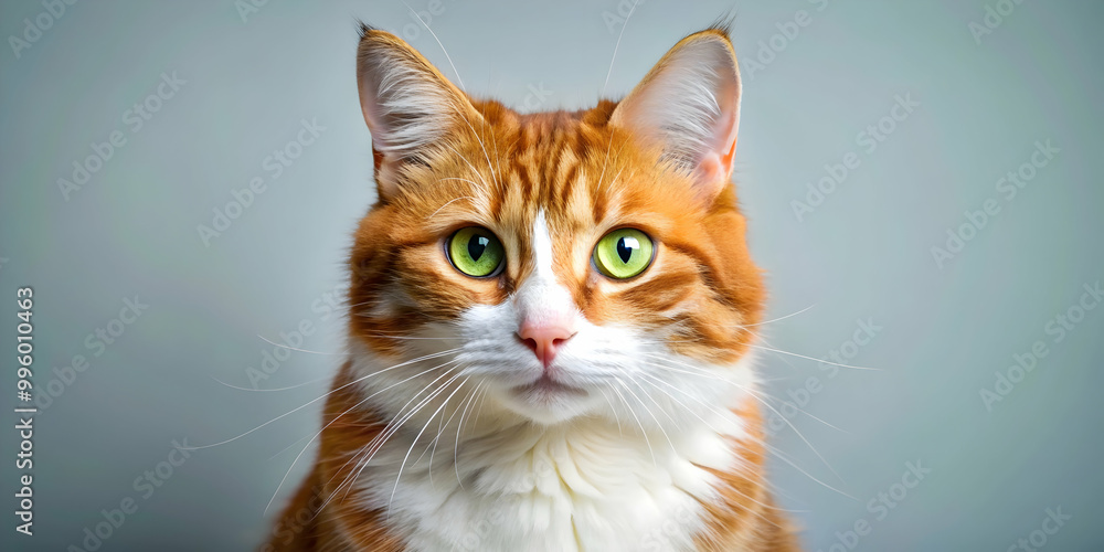 Orange and white tabby cat with vibrant fur pattern and green eyes ...