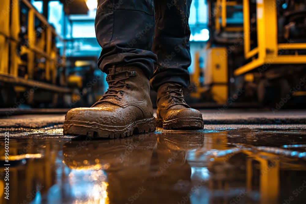 Rugged Work Boots in a Muddy Industrial Setting Reflecting Hard Labor ...
