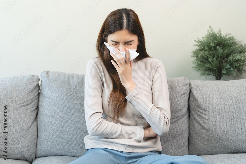 Female unhealthy Sickness, asian young woman, girl unwell and coughing ...
