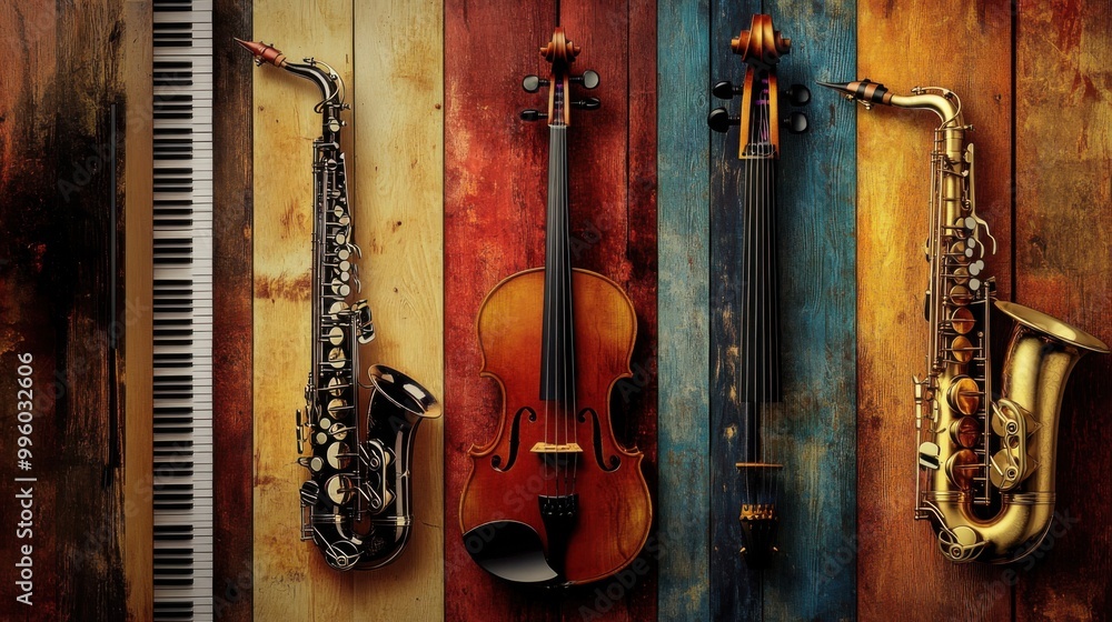 5 strips of instruments: acoustic guitar, grand piano, saxophone, drum ...