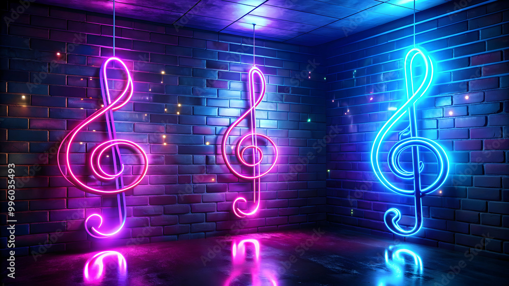 Floating treble and bass clefs in a neon-lit space with a background ...