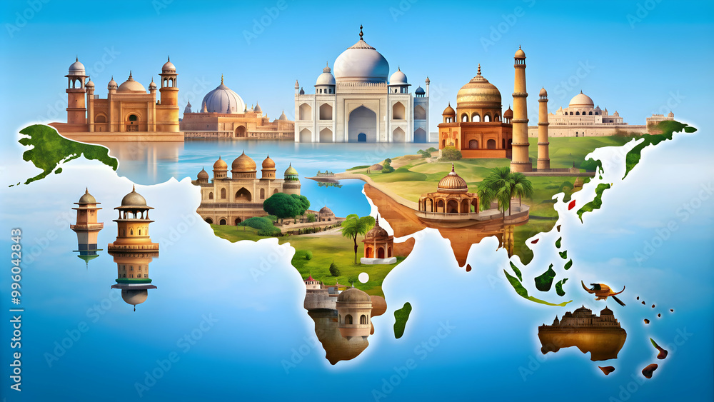 of India's map with iconic landmarks such as Taj Mahal, Agra Fort, and ...
