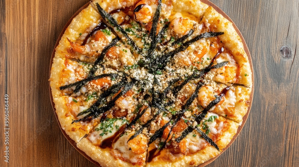 A Japanese-style pizza with a crispy thin crust, topped with seaweed ...