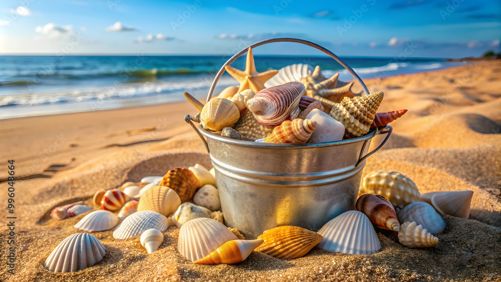 Poster Seashells of various shapes and sizes collected in a bucket on a ...