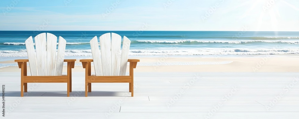 Coastal wood furniture set on a beachfront patio, ocean view, white ...