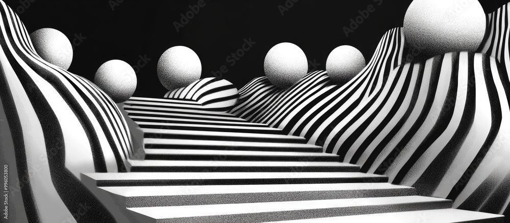 Surreal black and white 2D illustration of labyrinthine stairs ...