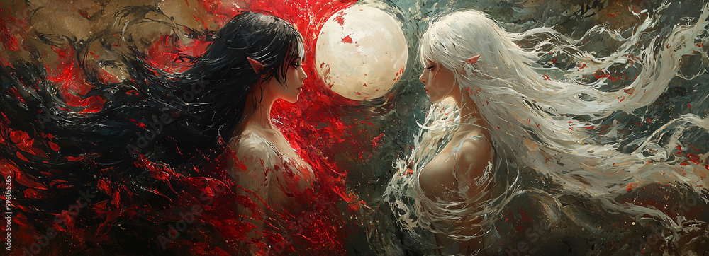 Battle scene between two female demon soldiers, in an anime style ...