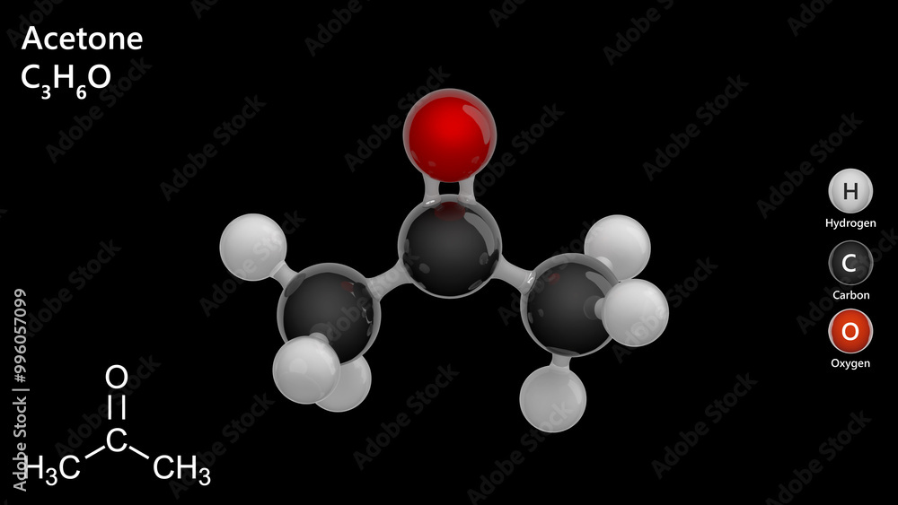 Acetone molecule C3H6O, a 3d chemical structure with a color code ...