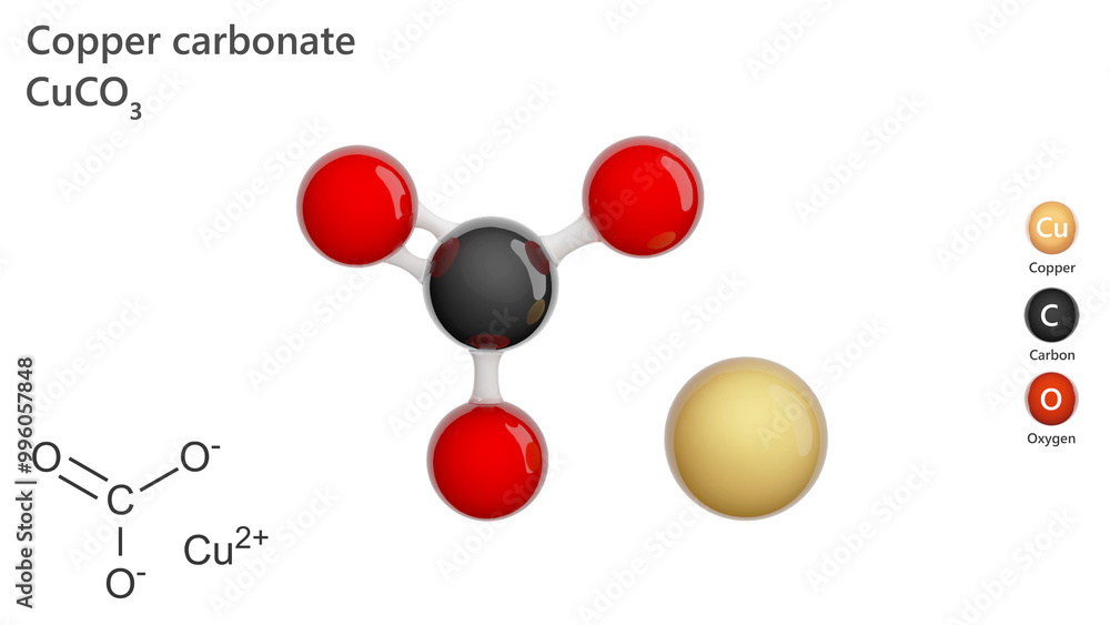 Model of copper carbonate molecule CuCO3. it is a chemical compound of ...