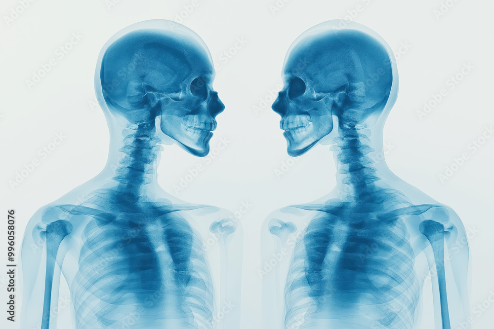 Two human skeletons in profile facing each other, x-ray with detailed ...