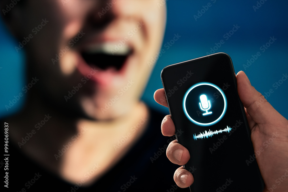 Voice recognition, AI speech generator or audio recording app on phone ...