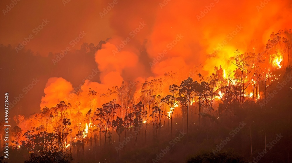 Forest burning fiercely with flames and smoke reaching the sky ...