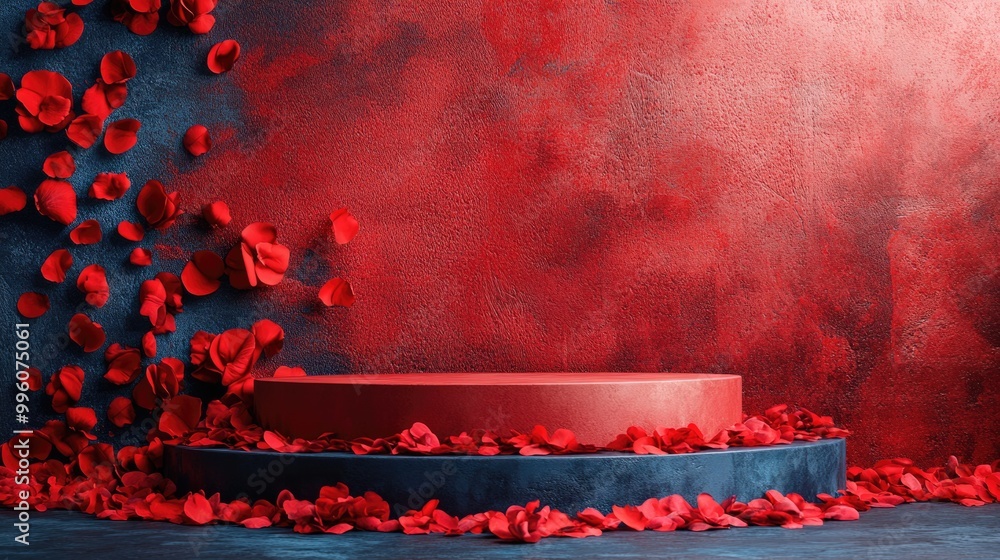 Soft red rose petals cascade around a circular plinth with a copy of ...