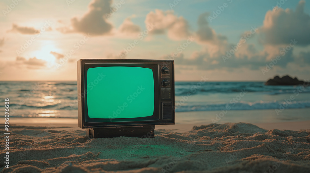 3d panorama classical old green screen tv monitor on the beach, sea ...