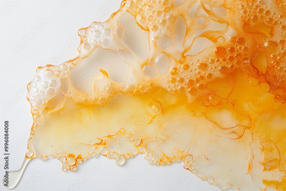Spilled orange slurry bubbles on white, revealing mesmerizing colors ...