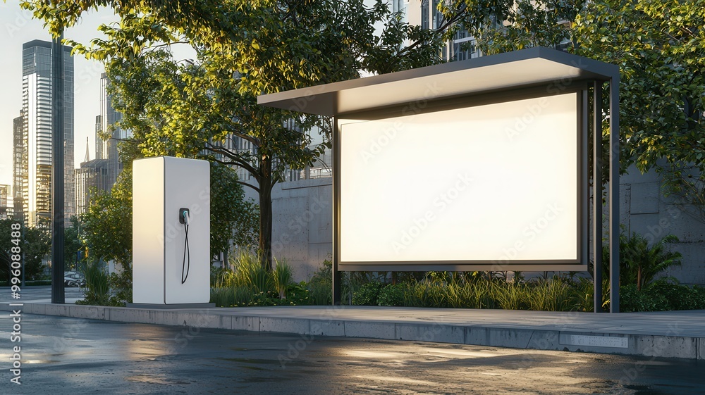 A modern bus stop with a blank advertising panel, surrounded by ...