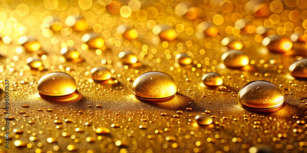 Water drops glistening on a vibrant golden background, shiny, sparkling ...