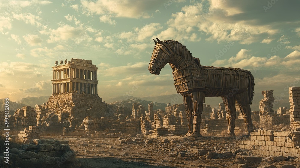 Troy ruins with the iconic wooden horse in the foreground, standing ...