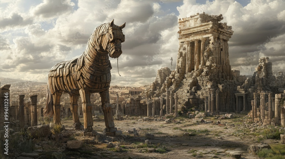 Troy ruins with the iconic wooden horse in the foreground, standing ...