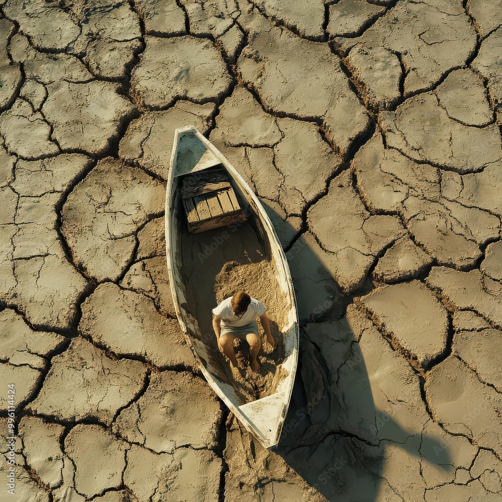 Fisherman in a boat stranded on cracked mud, representing the risk of ...