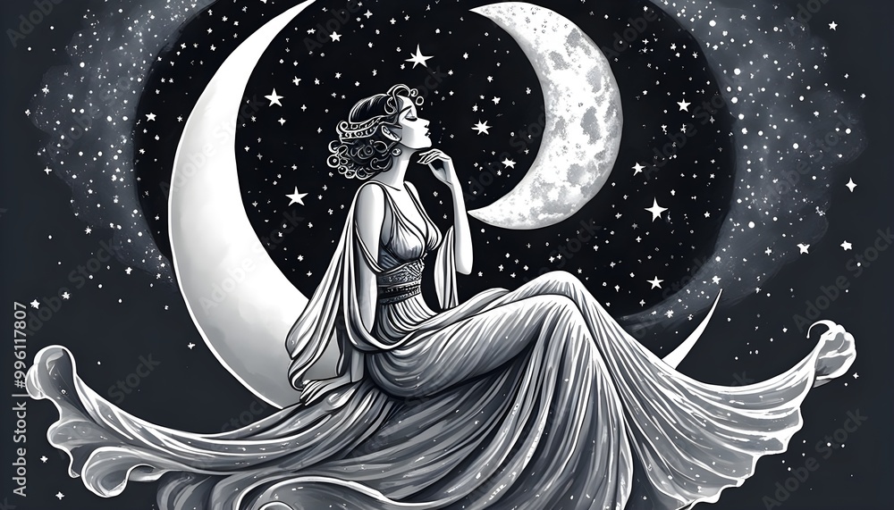 Enchanting woman on crescent moon, immersed in starry night sky ...