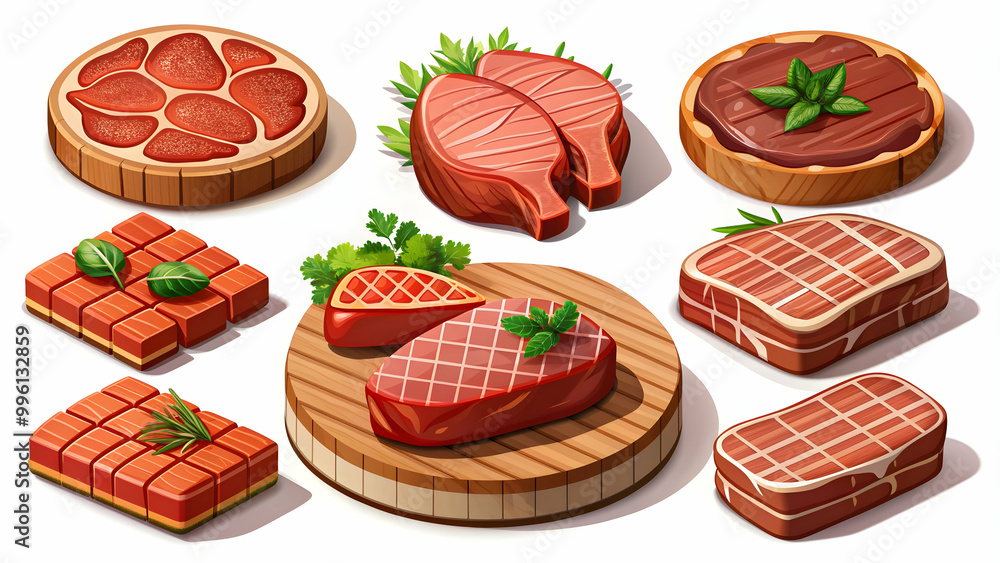 Cute flat roast beef icons set sticker isometric, Cartoon beef steaks ...