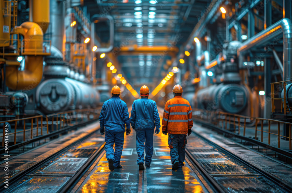 Three workers wearing safety helmets walking through a brightly lit ...
