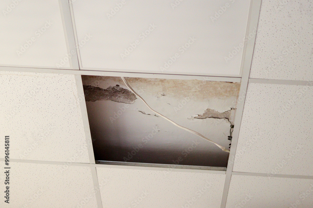 Photography of a ceiling tile damage by water.mildew.brown stain ...
